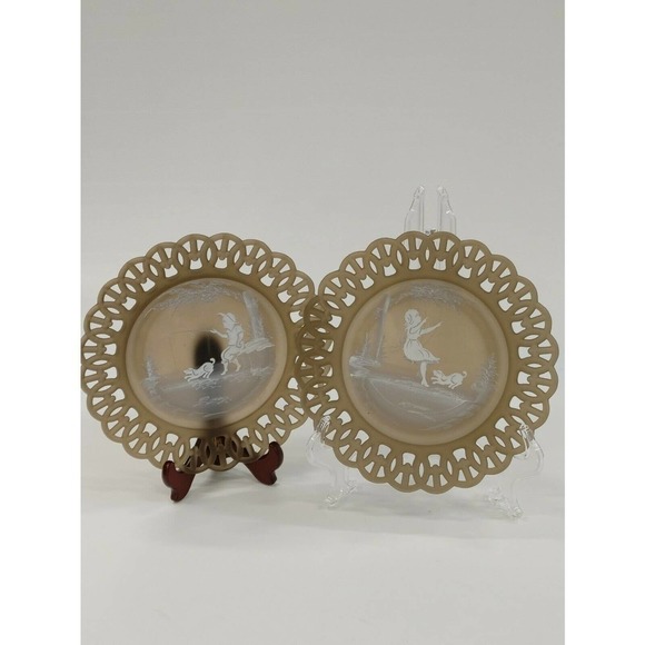 Westmoreland | Accents | Vtg Hand Painted Brown Glass Plates Signed ...